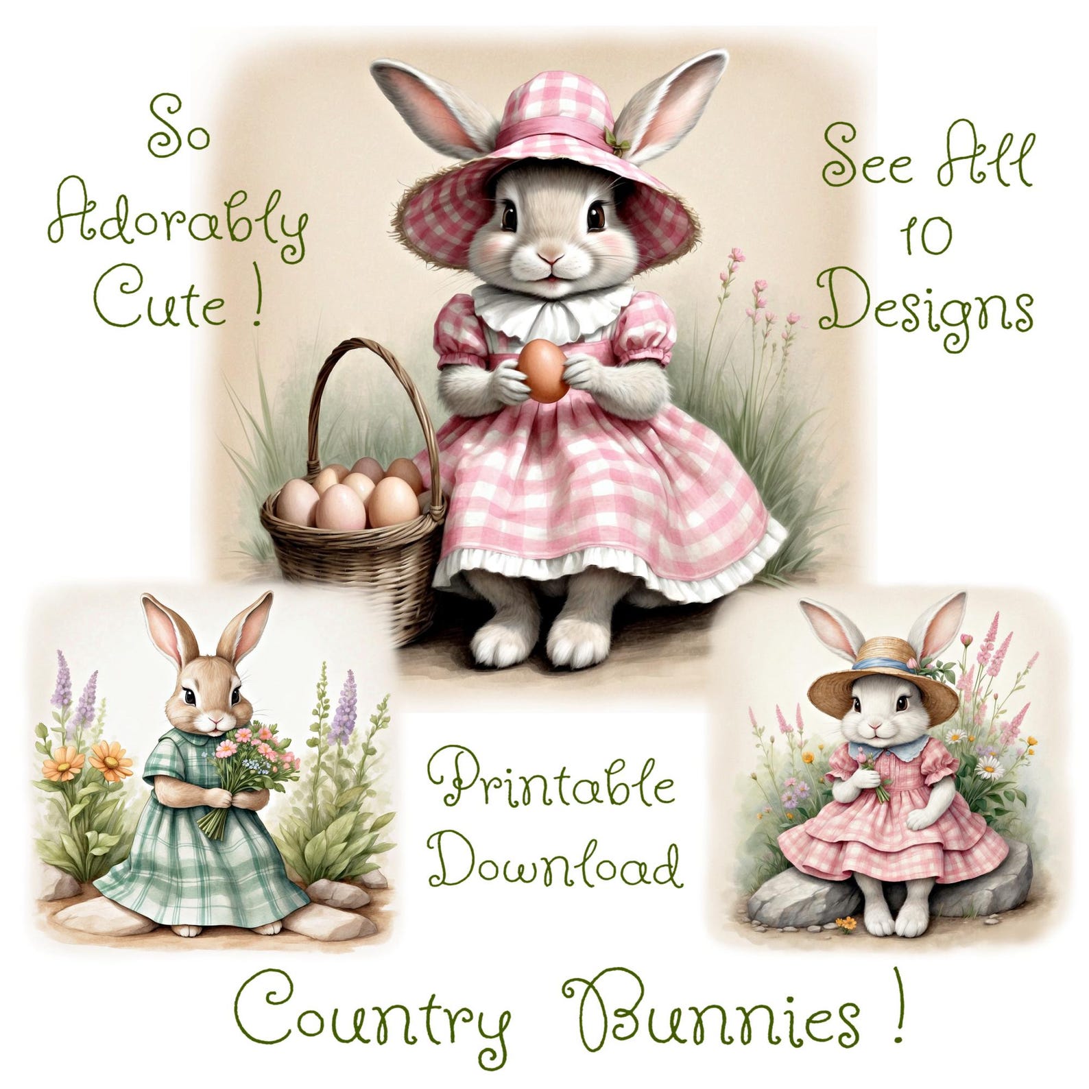 Country Bunnies Clip Art Bundle for Card Making Scrapbooking Journaling ...