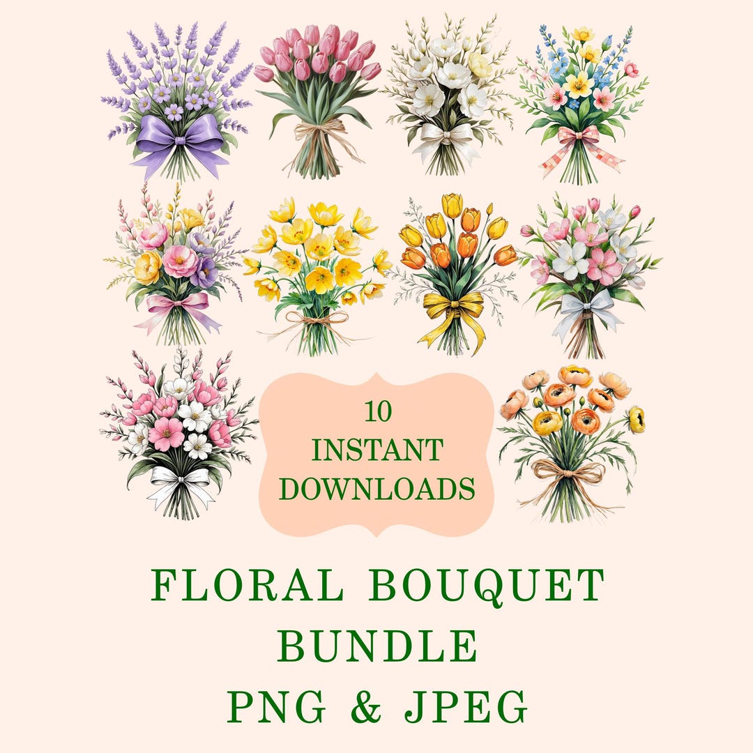 Floral PNG Bundle, Flowers Clip Art, Bouquet With Bows, PNG & JPEG ...