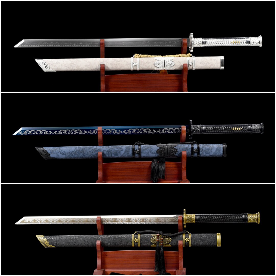 Straight Razor Blade Embroidered Spring Sword Full Tang Samurai Sword ...