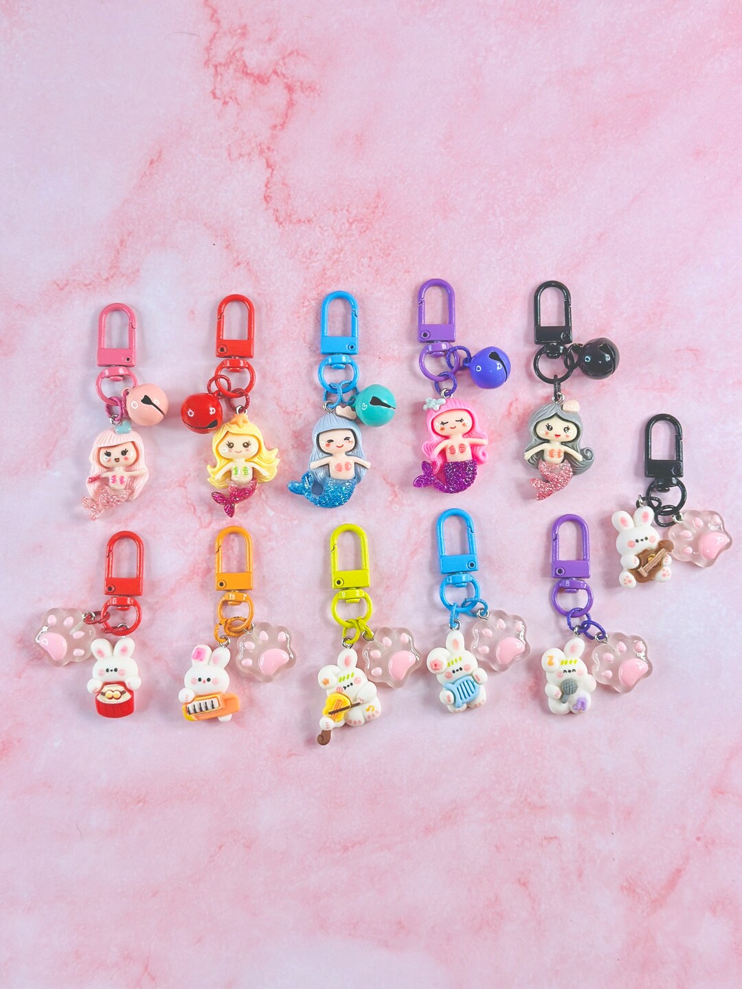 Kawaii Keychain, Cute Mermaid With Bell, Tiny Bunny With Cute Paw ...