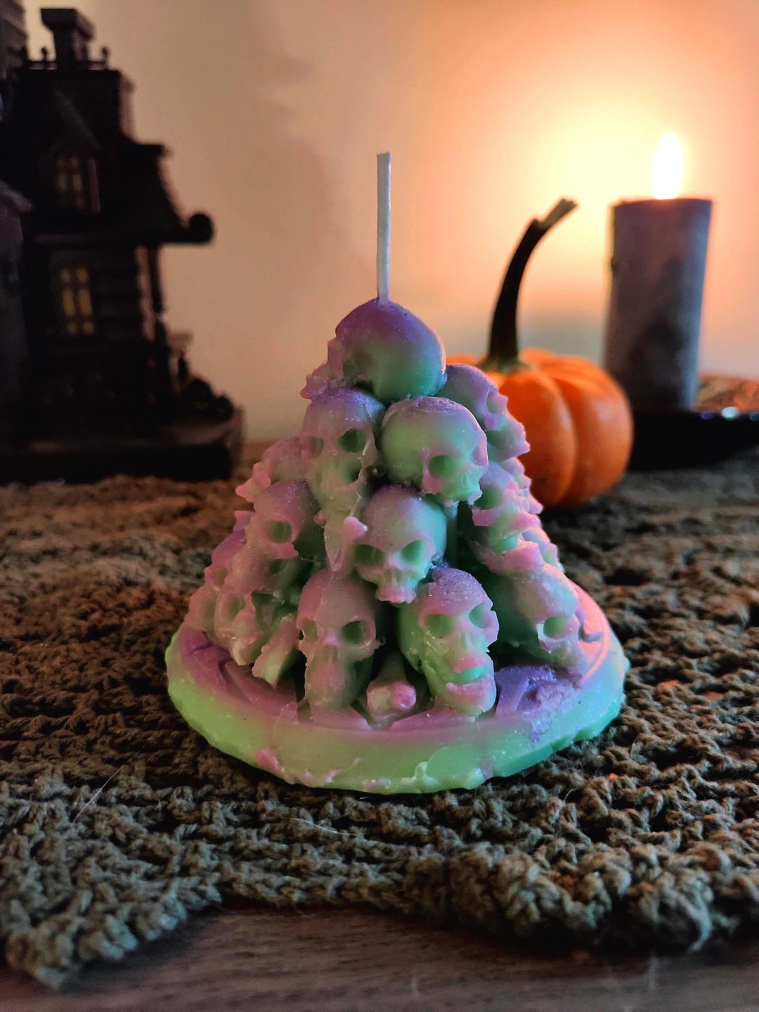 Skull Pile Candle: Purple & Green, Black Tea Scented, Vegan Soy ...