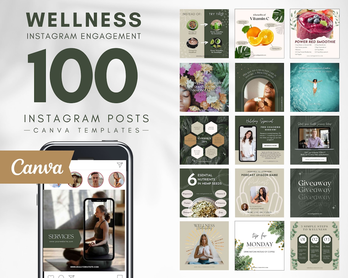 100 Wellness and Health Instagram Engagement Posts Canva Templates for ...