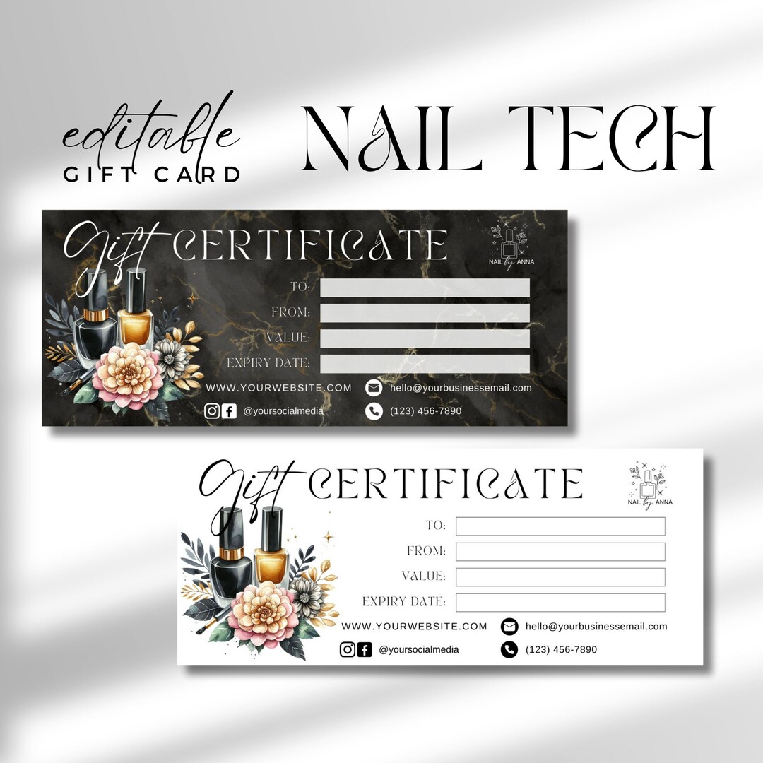 Nail Tech Gift Certificate Template for Nail Art Business - Coupon Card ...