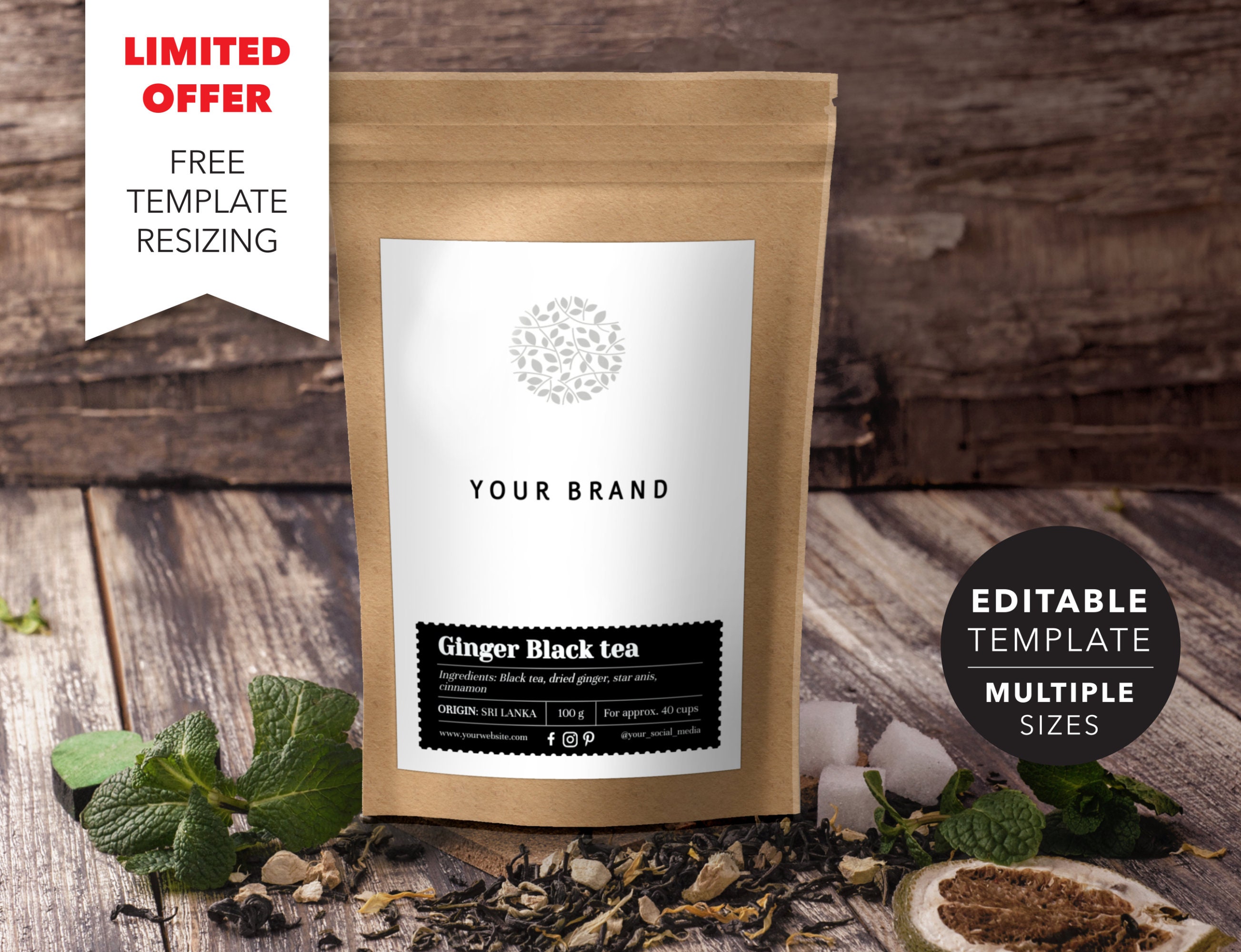 Minimalist Tea Pouch Label, Template for Small Business, Editable Tea ...