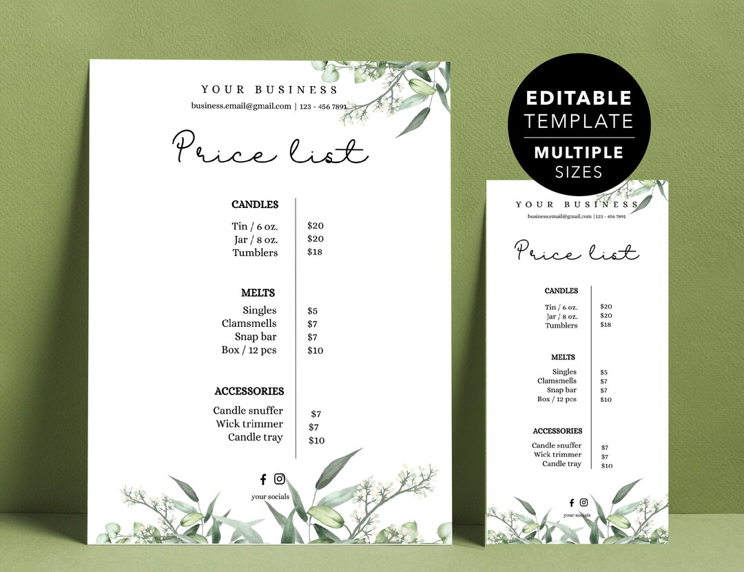 Printable Price List Template, Candle Business Botanical Price List ...