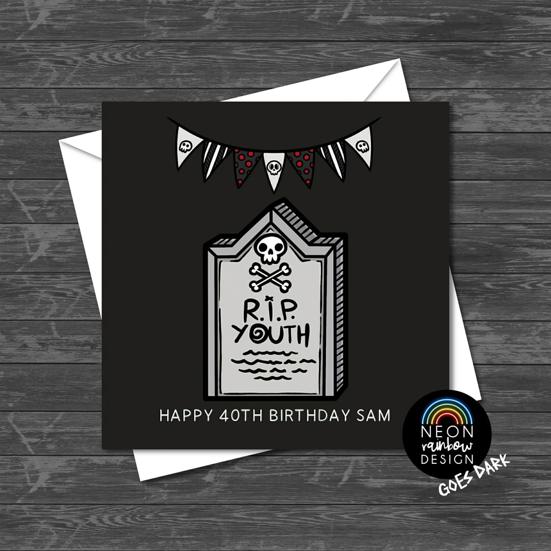 Personalised Black & Red RIP Youth Tombstone Birthday Card, Black, Greetings Card, Bunting ...