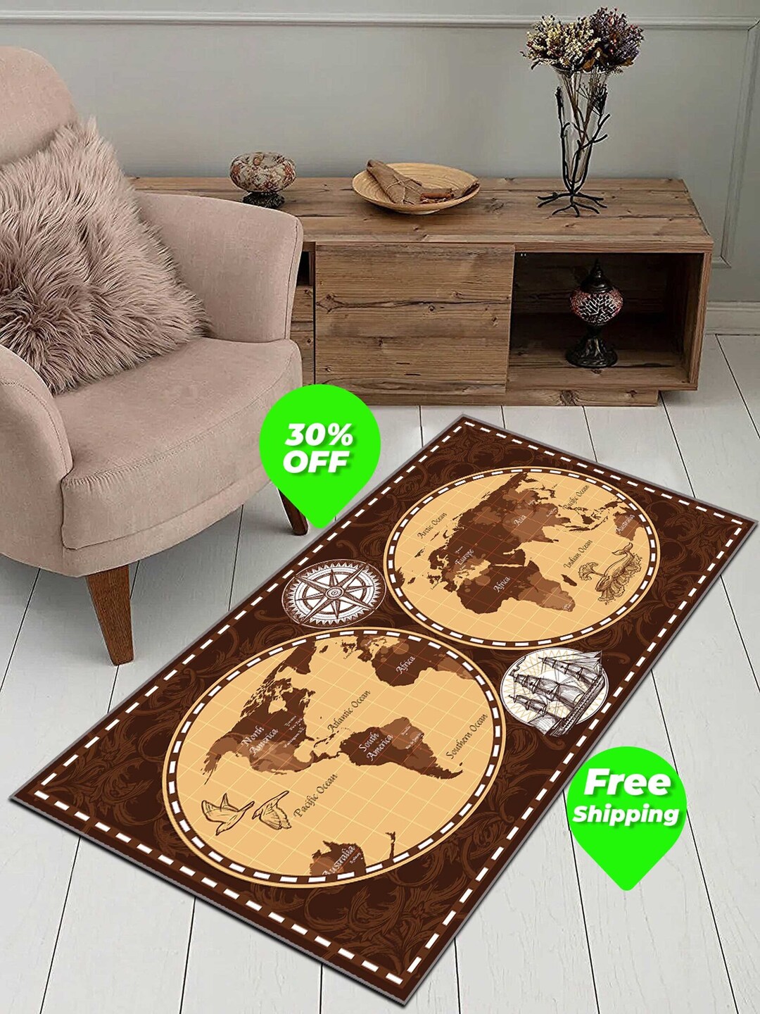 Retro Map Rug, Hand Drawn Map, Map Pattern Rug, Area Rug, Retro Decor ...