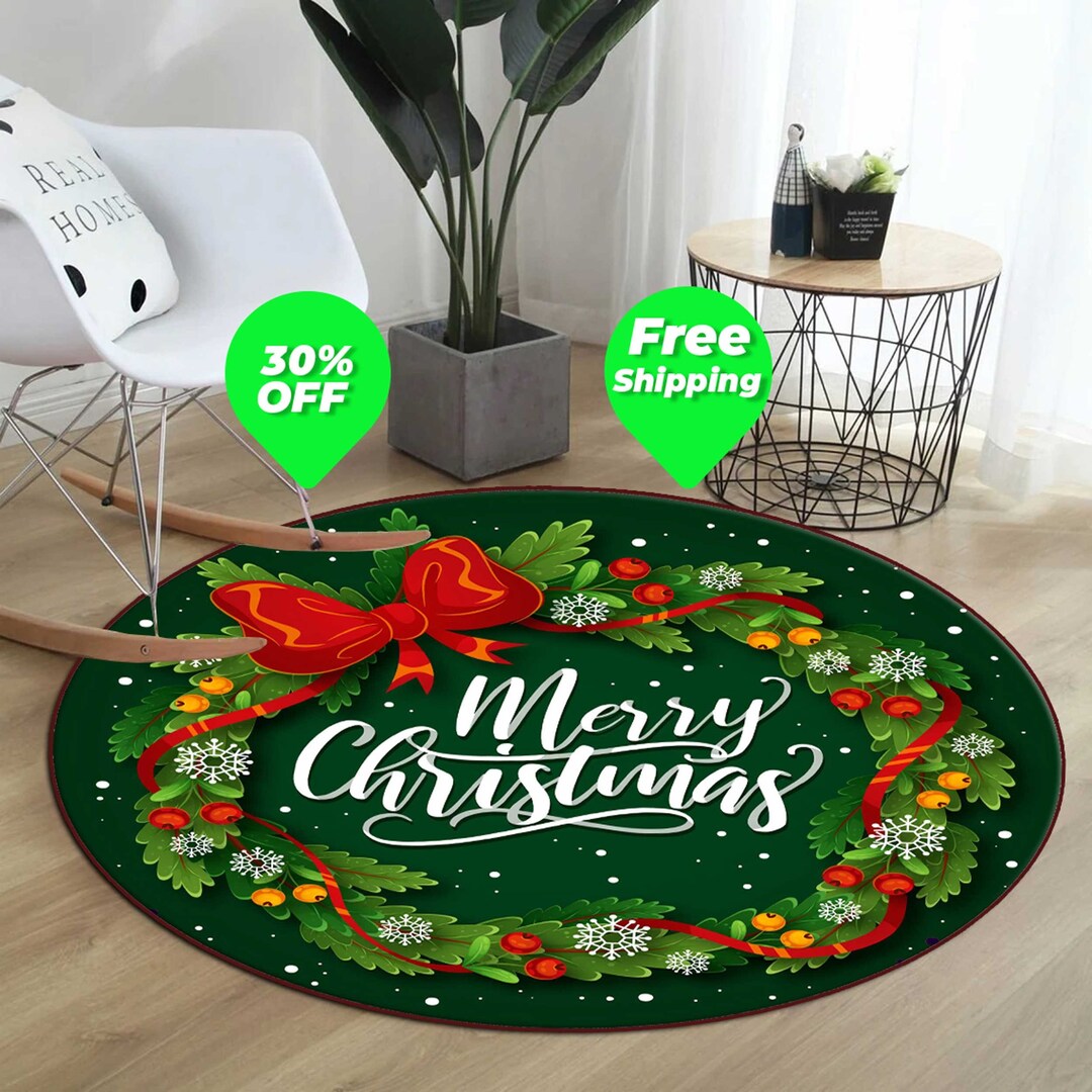 Merry Christmas Rug, Green Christmas Rug, Round Christmas Rug ...
