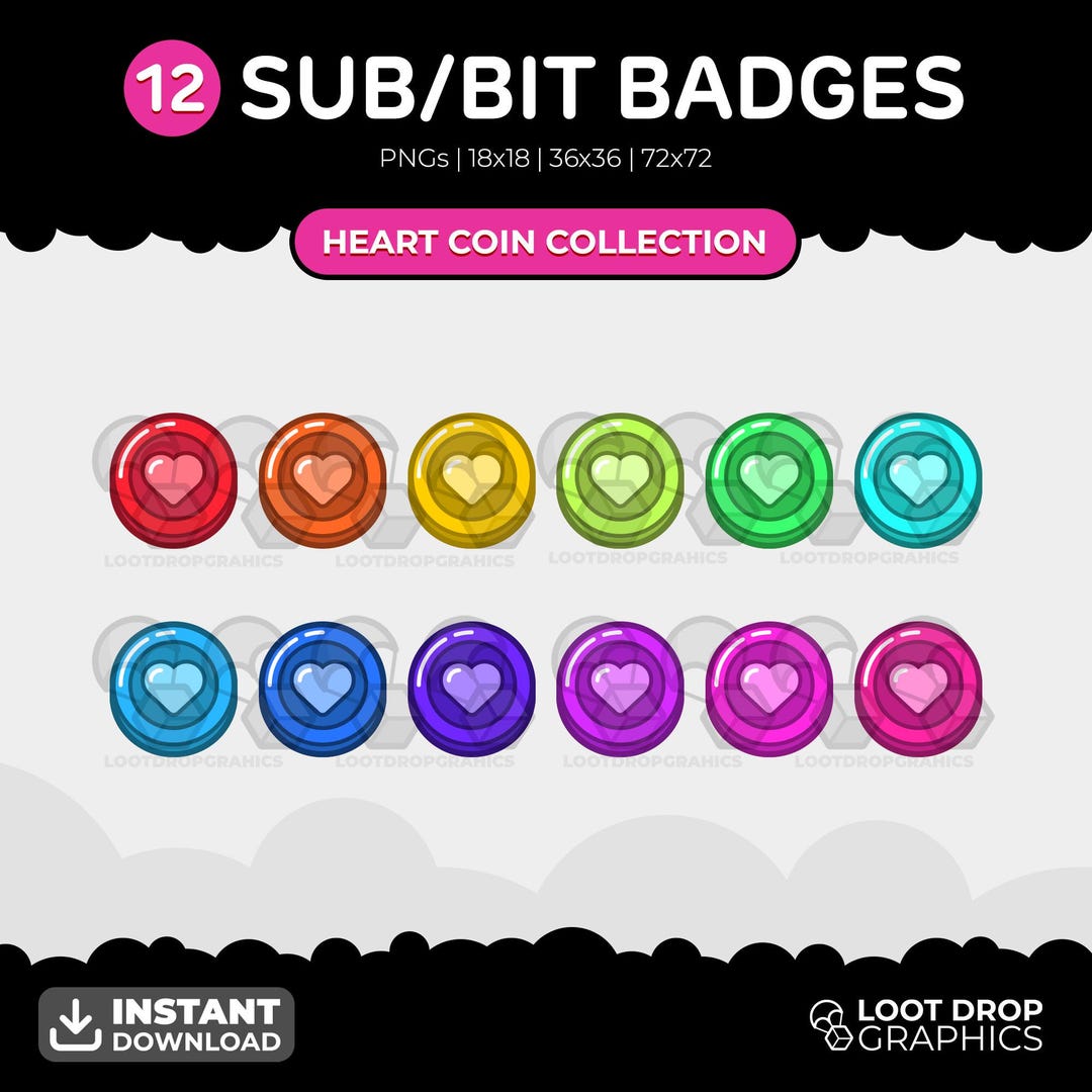 Rainbow Heart Coin Twitch Sub Badges Pack - 12 X Bright Coins Set Sub ...