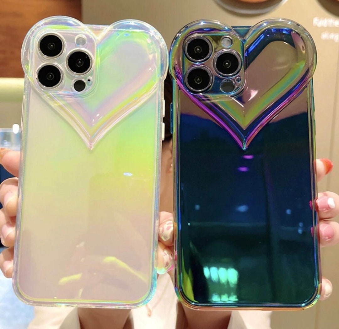 Gradient Phone Case, Holographic Heart Transparent Phone Case for ...