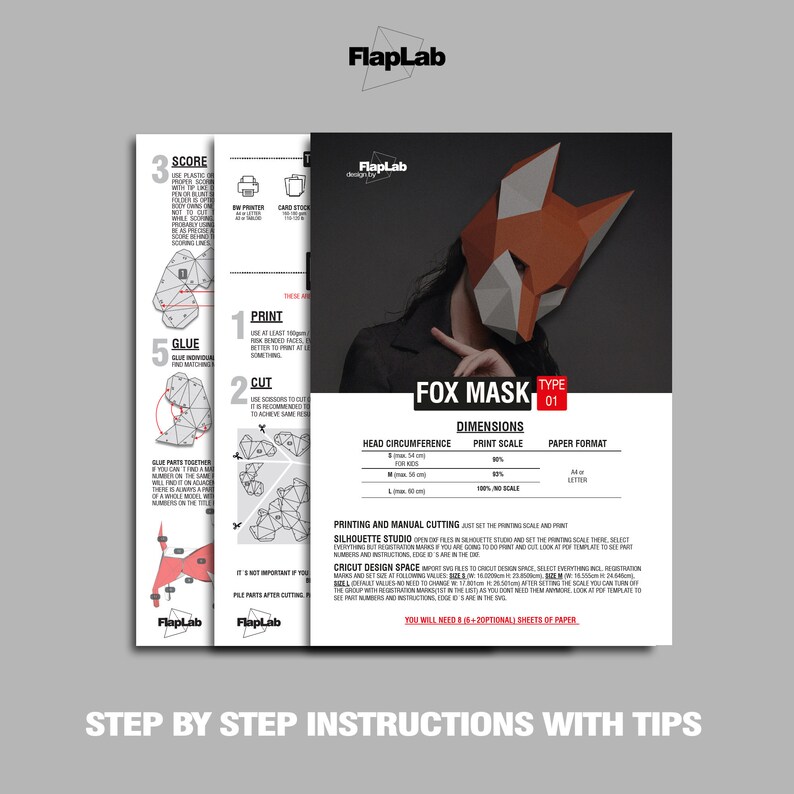 Paper Craft Fox Mask Printable Template Pdf Svg Dxf Low - Etsy