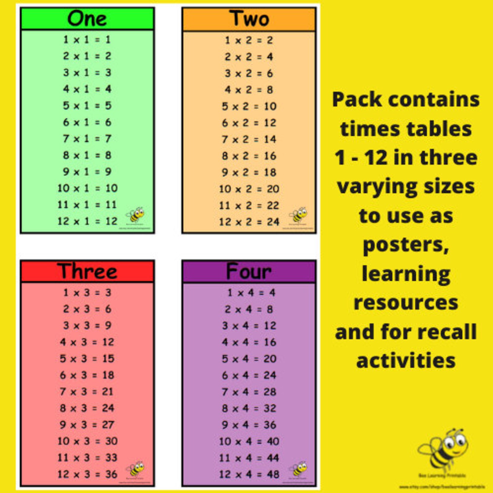 Multiplication Cards/tables-learn Your Times Tables-various Sizes ...