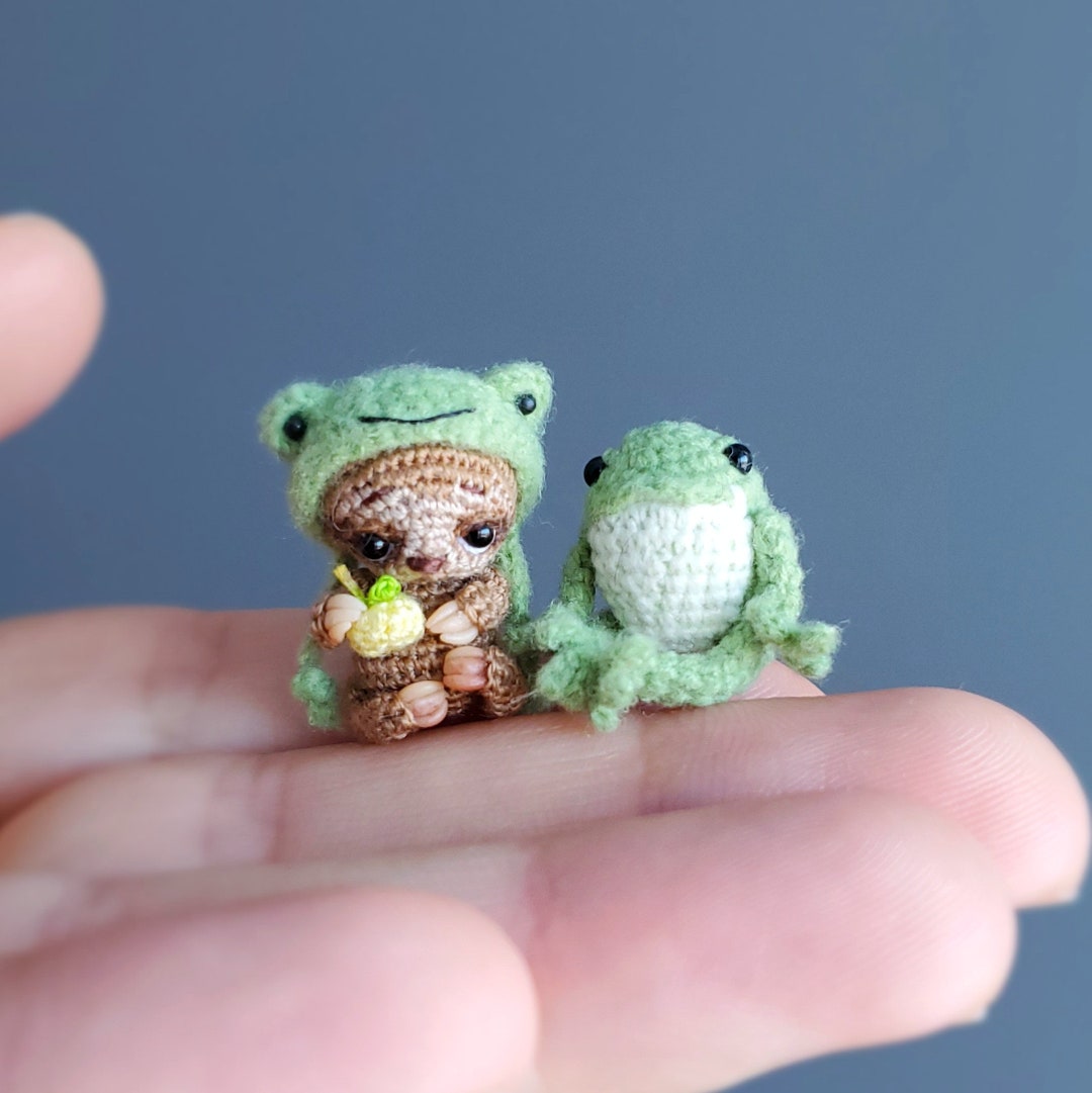 Crocheted Miniature Sloth in Frog Hat: Dollhouse Pet, Collectible ...