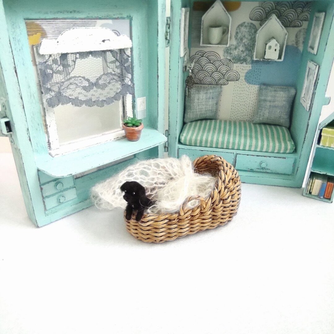 Cute Puppy in a Wicker Basket. Custom Micro Puppy Dollhouse Miniature ...