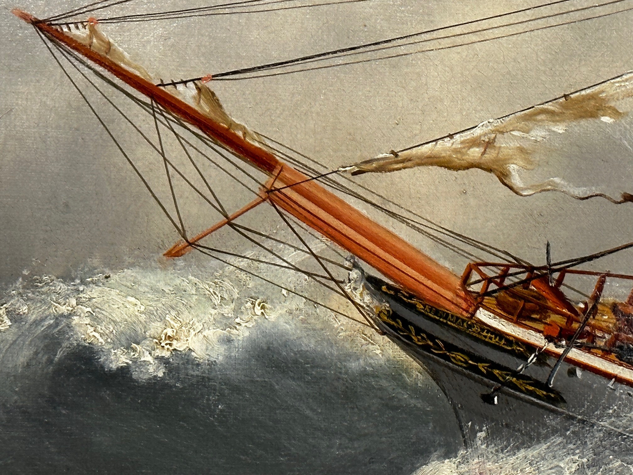 Victorian Seascape Oil Painting Clipper Sailing Ship Swamped Distress ...