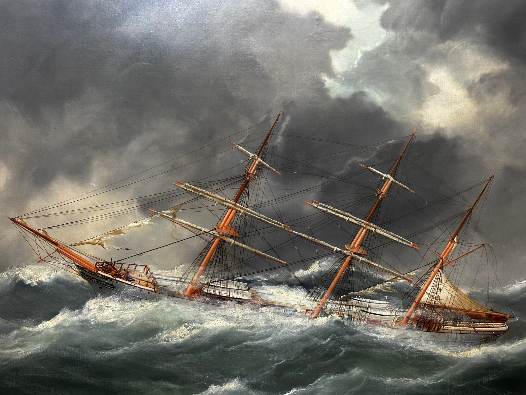 Victorian Seascape Oil Painting Clipper Sailing Ship Swamped Distress ...