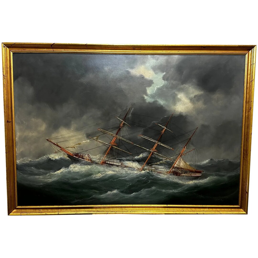 Victorian Seascape Oil Painting Clipper Sailing Ship Swamped Distress ...