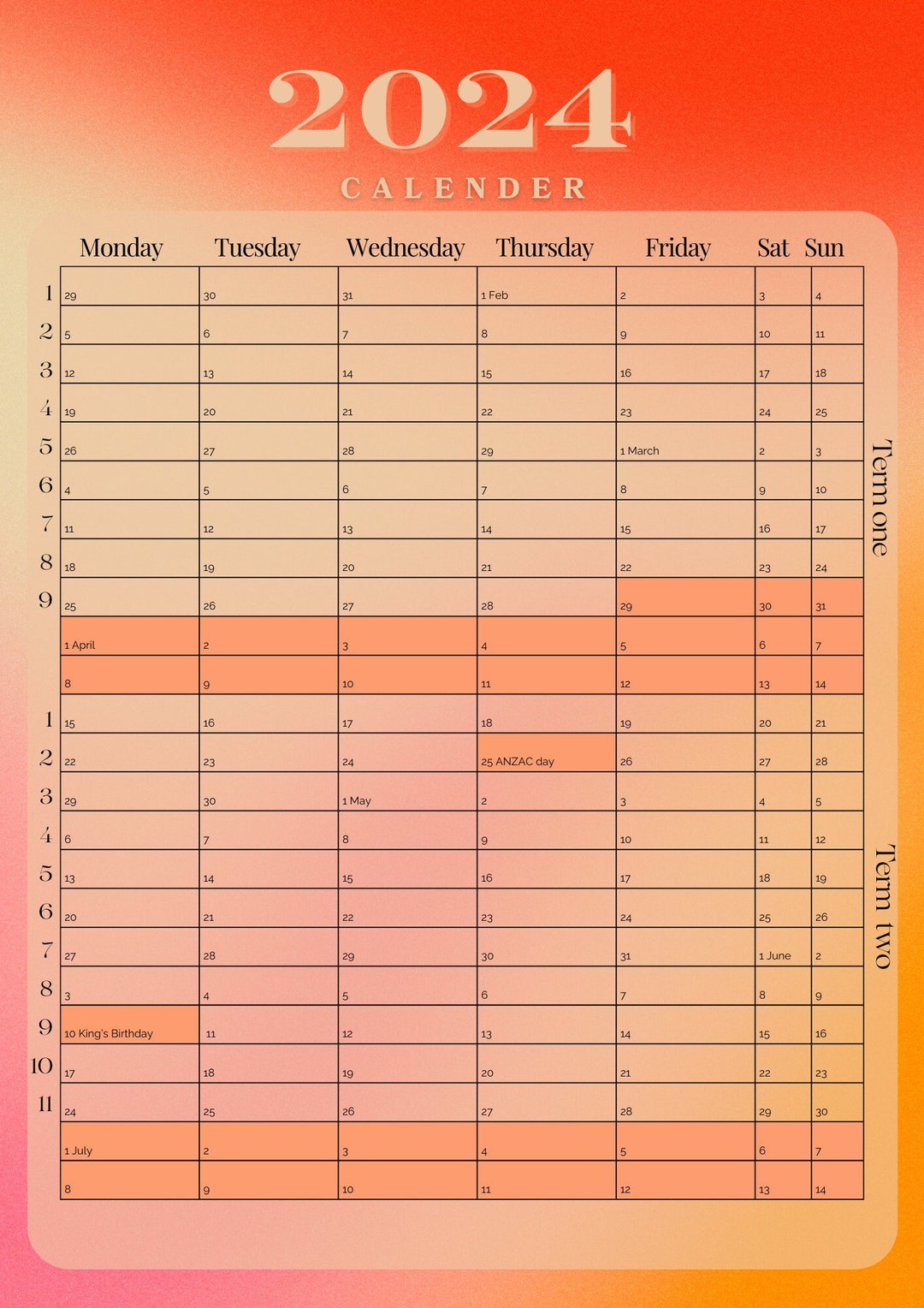 2024 - Victoria School Yearly Calender - DIGITAL DOWNLOAD - Etsy