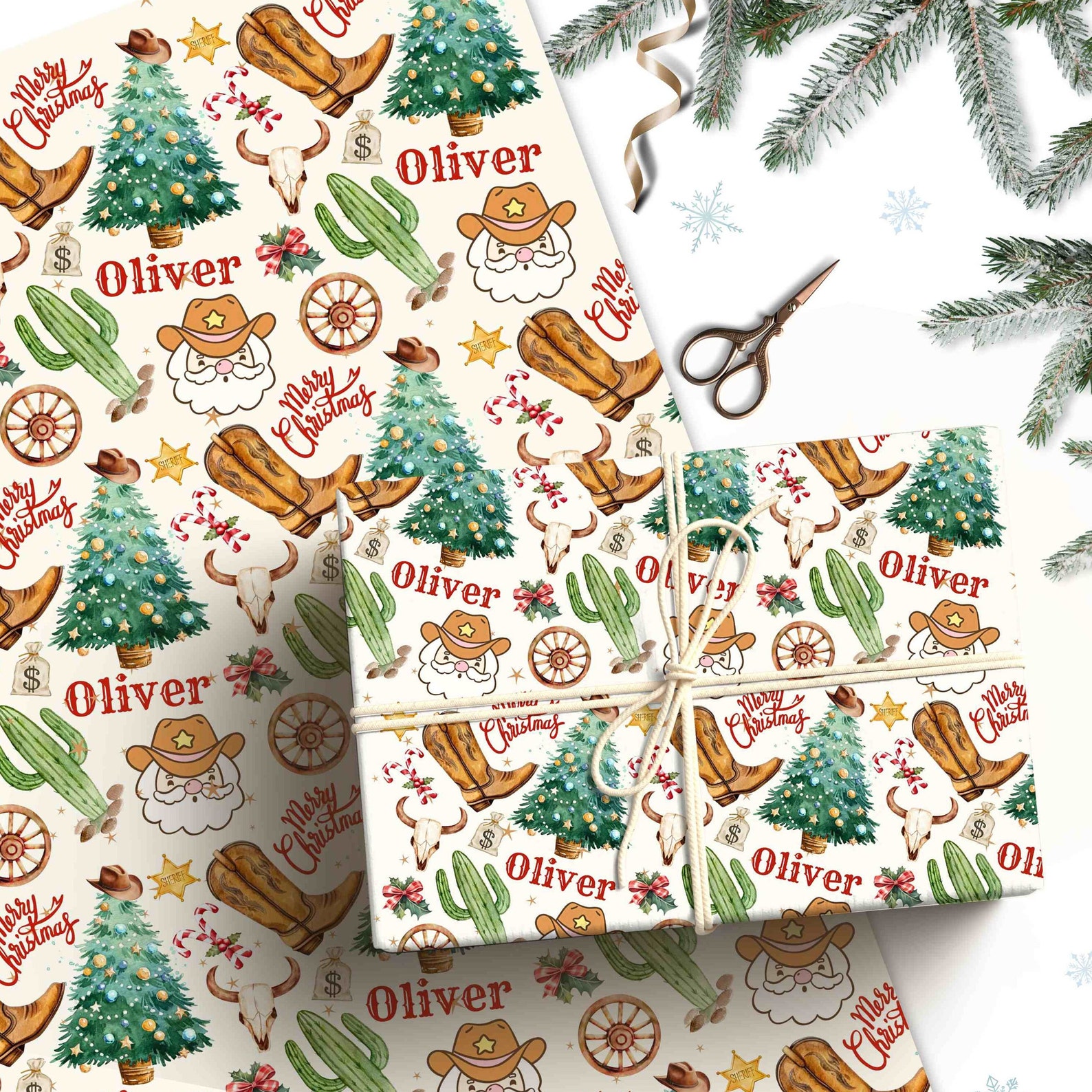 Western Christmas Wrapping Paper, Cowboy Christmas Gift Wrap, Christmas ...