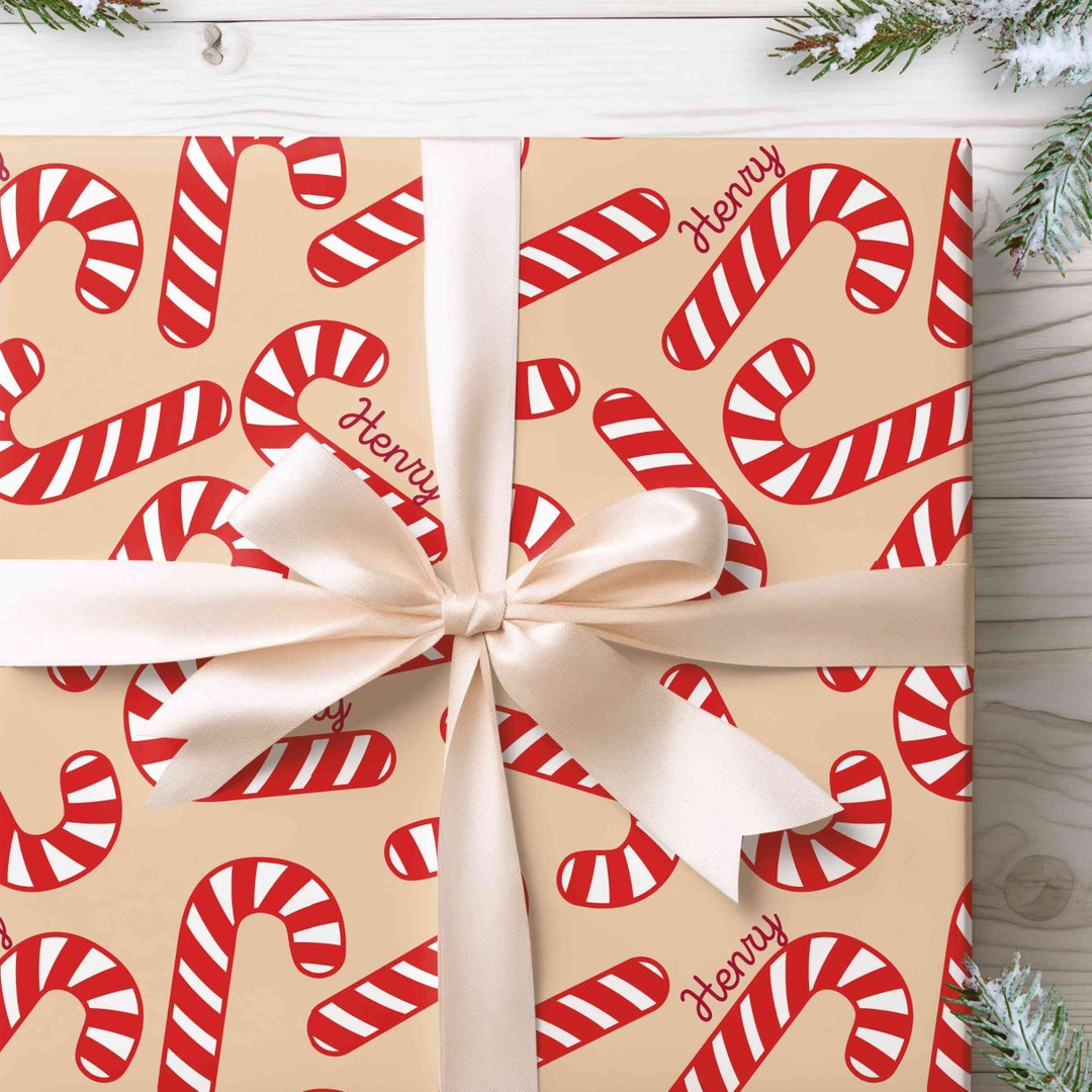 Personalized Candy Cane Wrapping Paper, Christmas Candy Cane Gift Wrap ...