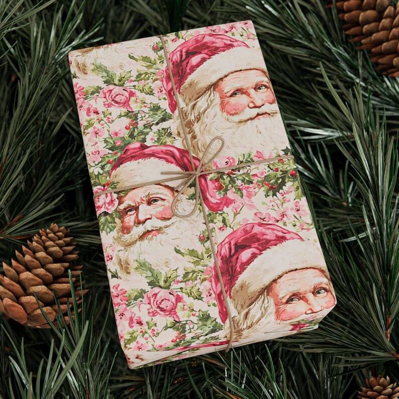 Shabby Chic Pink Santa Wrapping Paper Vintage Santa Christmas Gift Wrap ...