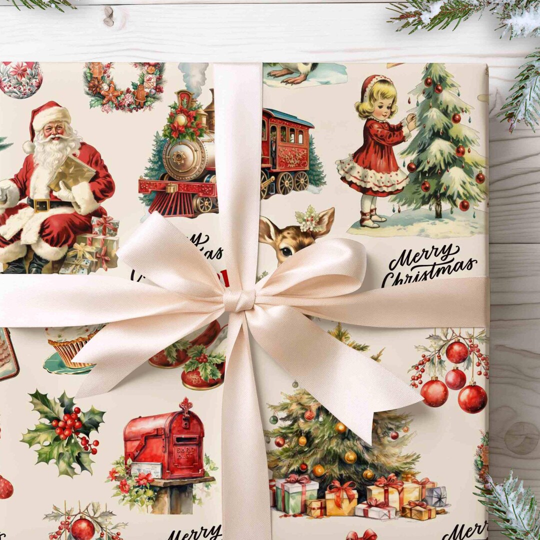 Vintage Christmas Wrapping Paper Retro Santa Gift Wrap Personalized ...