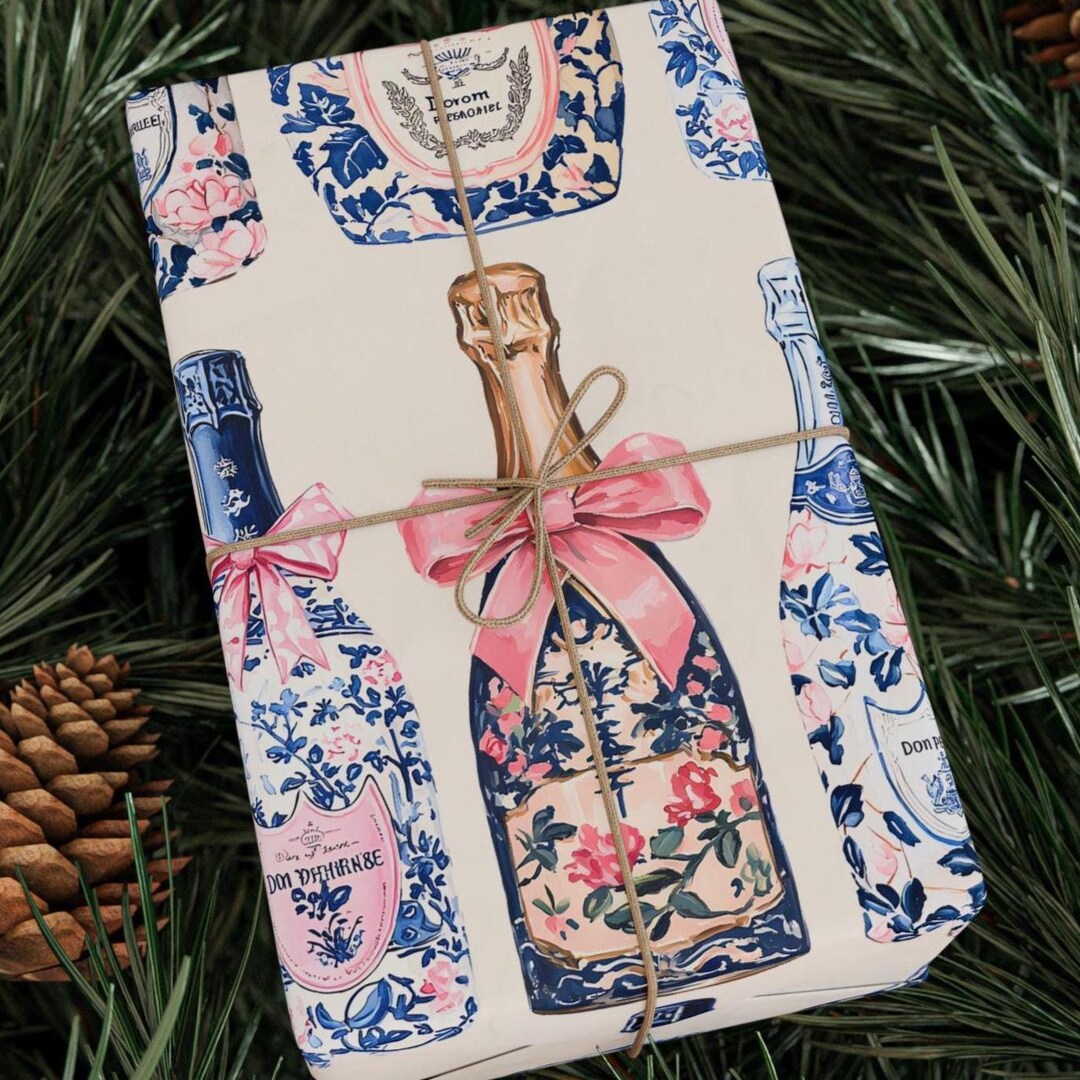 Champagne Bottle Wrapping Paper Champagne With Pink Ribbon Bridal ...