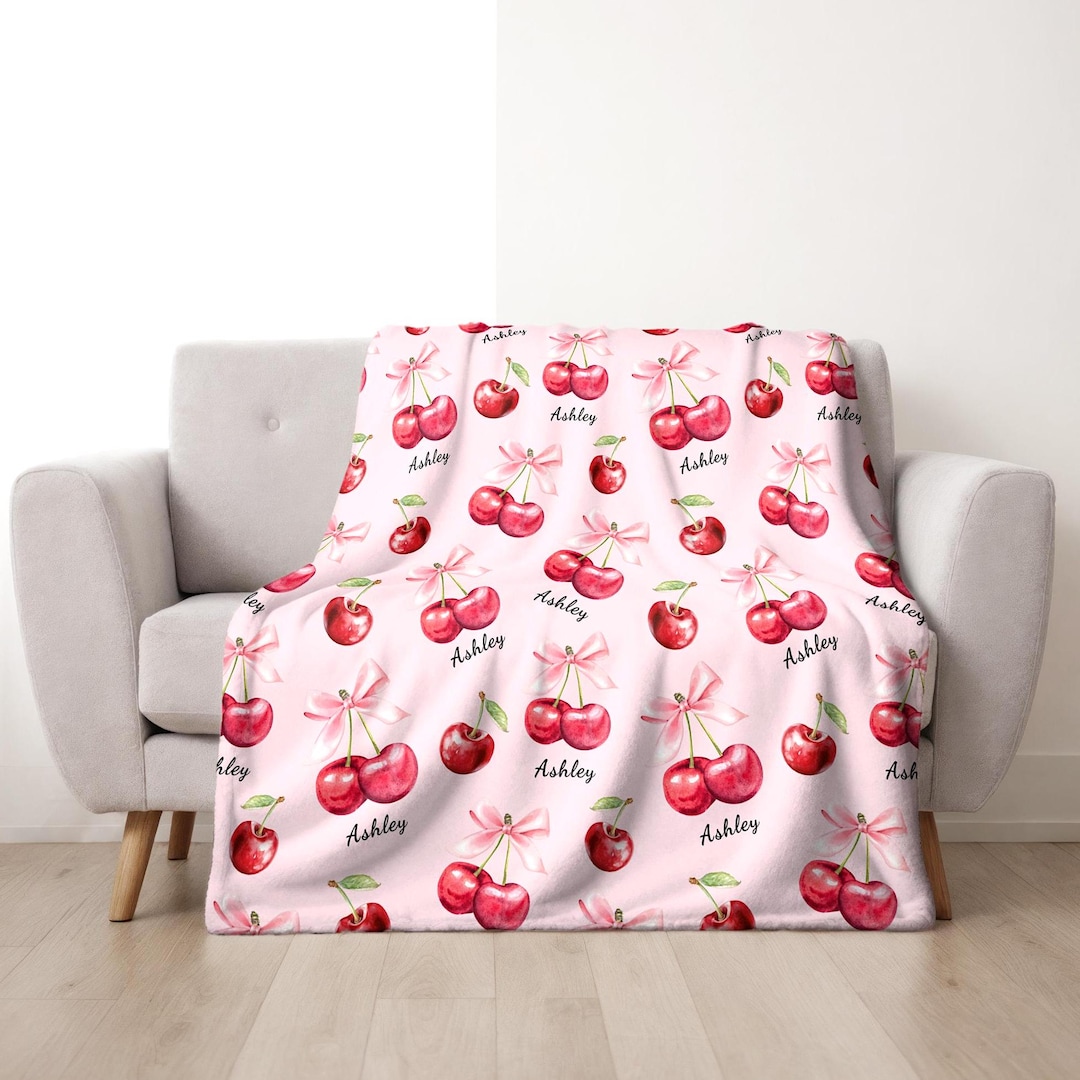Custom Cherry Blanket, Personalized Cherry Bow Throw, Girls Blanket ...