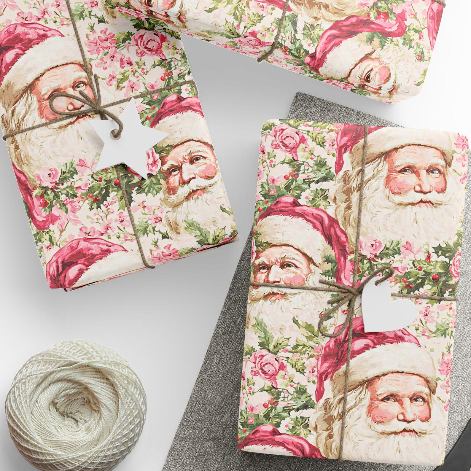 Shabby Chic Pink Santa Wrapping Paper Vintage Santa Christmas Gift Wrap ...
