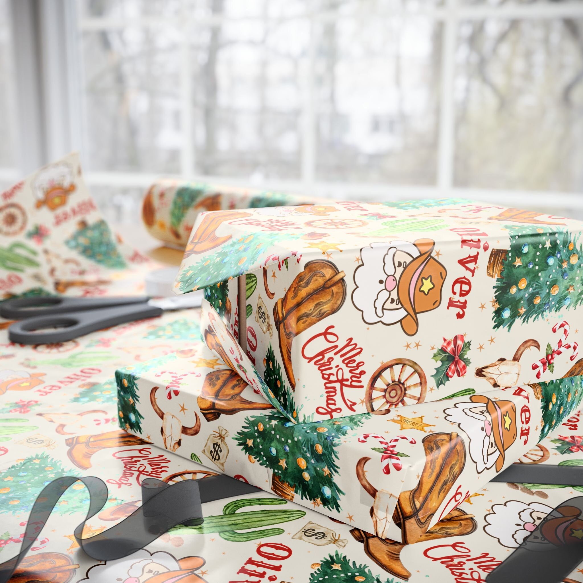 Western Christmas Wrapping Paper, Cowboy Christmas Gift Wrap, Christmas ...