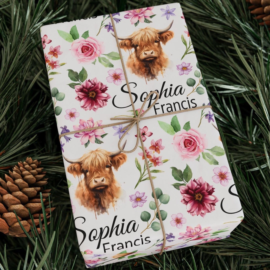 Floral Highland Cow Wrapping Paper Personalized Highland Cow Wrapping ...