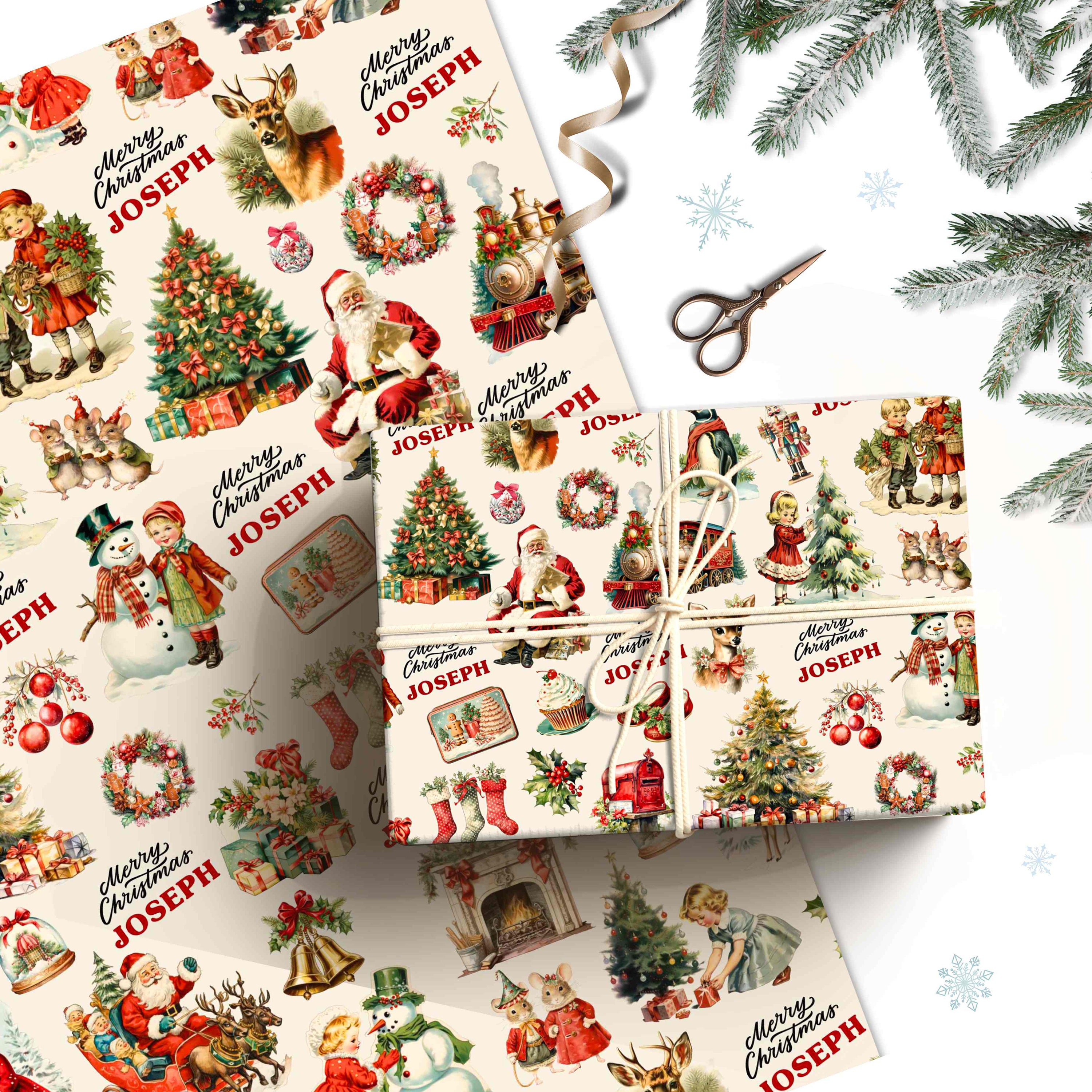 Personalized Vintage Christmas Wrapping Paper, Santa Vintage Inspired ...