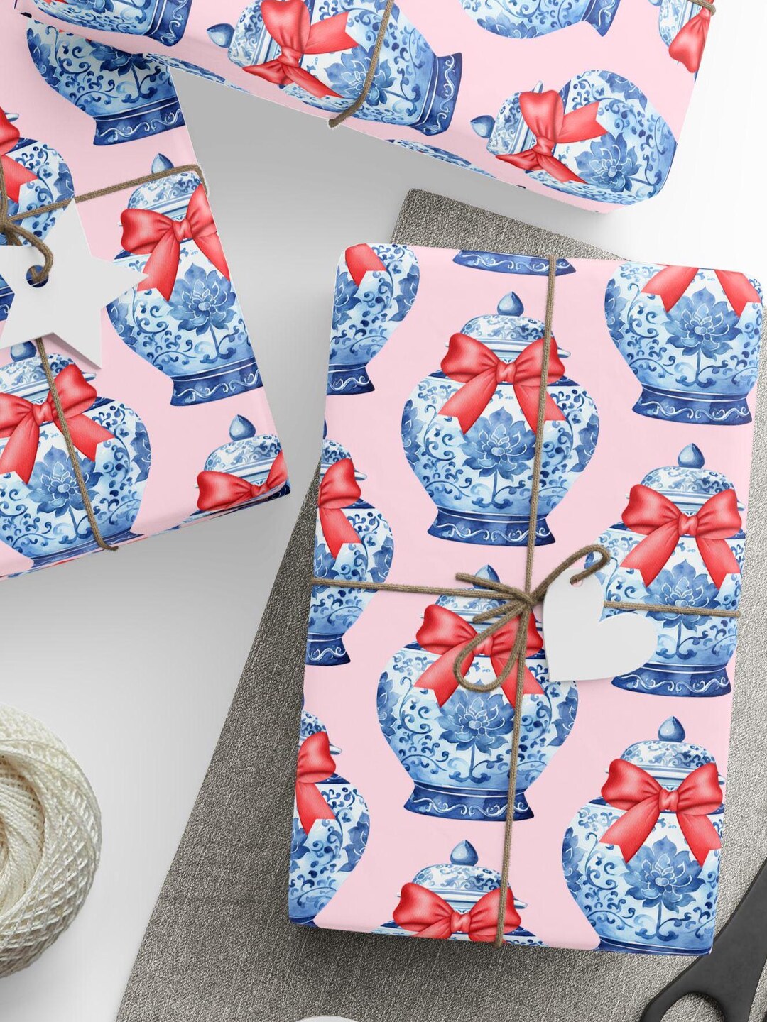 Chinoiserie Christmas Wrapping Paper: Red Bow, Ginger Jars - Etsy
