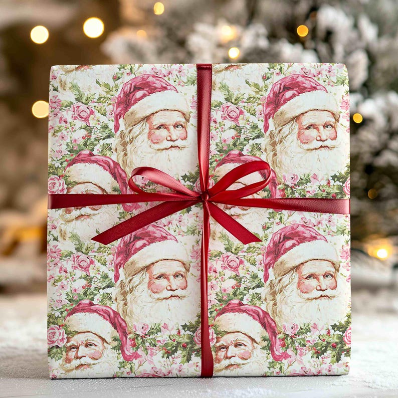 Shabby Chic Pink Santa Wrapping Paper Vintage Santa Christmas Gift Wrap ...