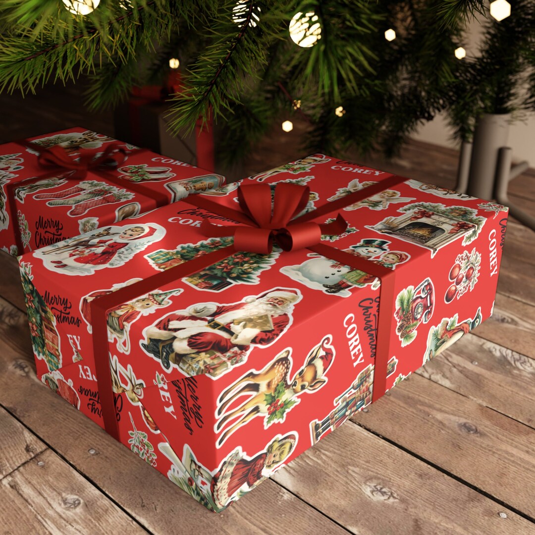 Retro Christmas Wrapping Paper Vintage Santa Gift Wrap Holiday Gift ...
