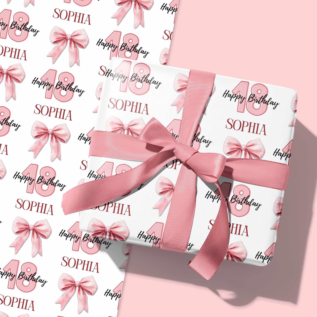 Personalized 18th Birthday Wrapping Paper: Pink Bow Coquette Gift Wrap ...
