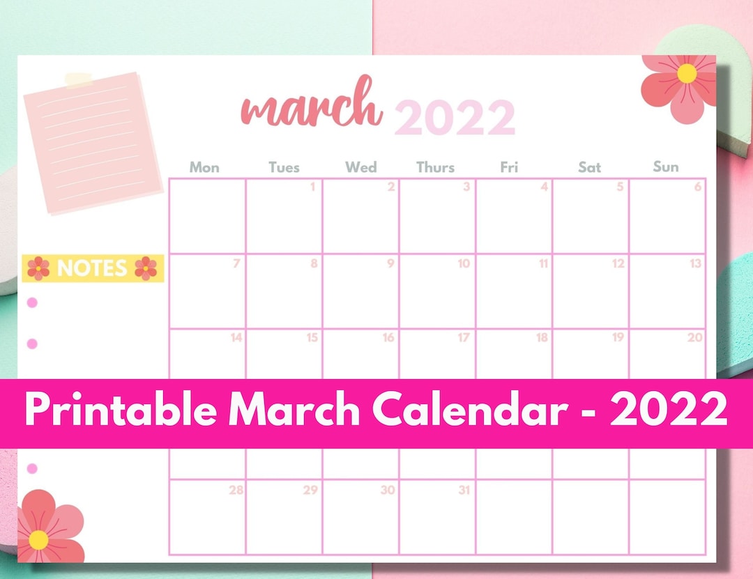 March 2022 Printable Calendar + Notes Section, Calendar for Binders ...