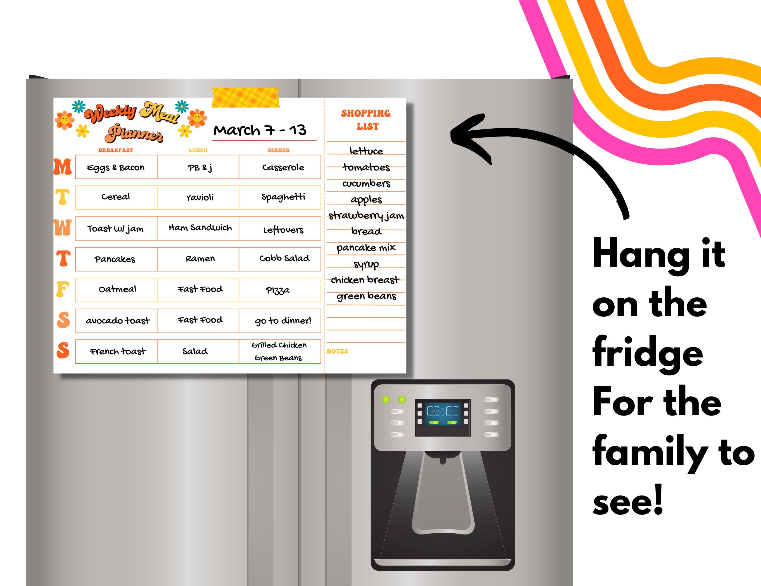 Groovy Meal Planner Grocery List Printable Retro Planner Weekly Meal ...