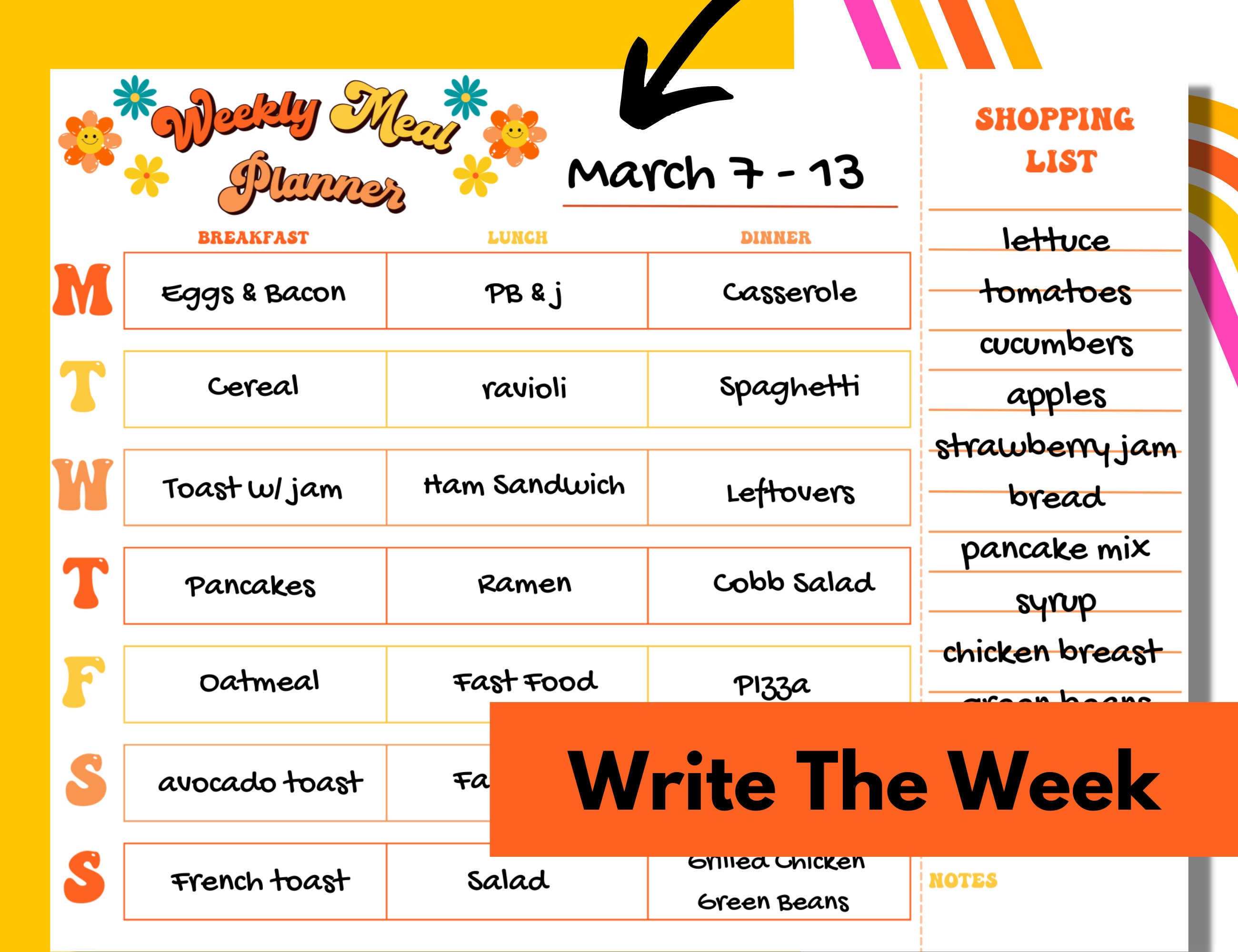 Groovy Meal Planner + Grocery List Printable | Retro Planner | Weekly ...