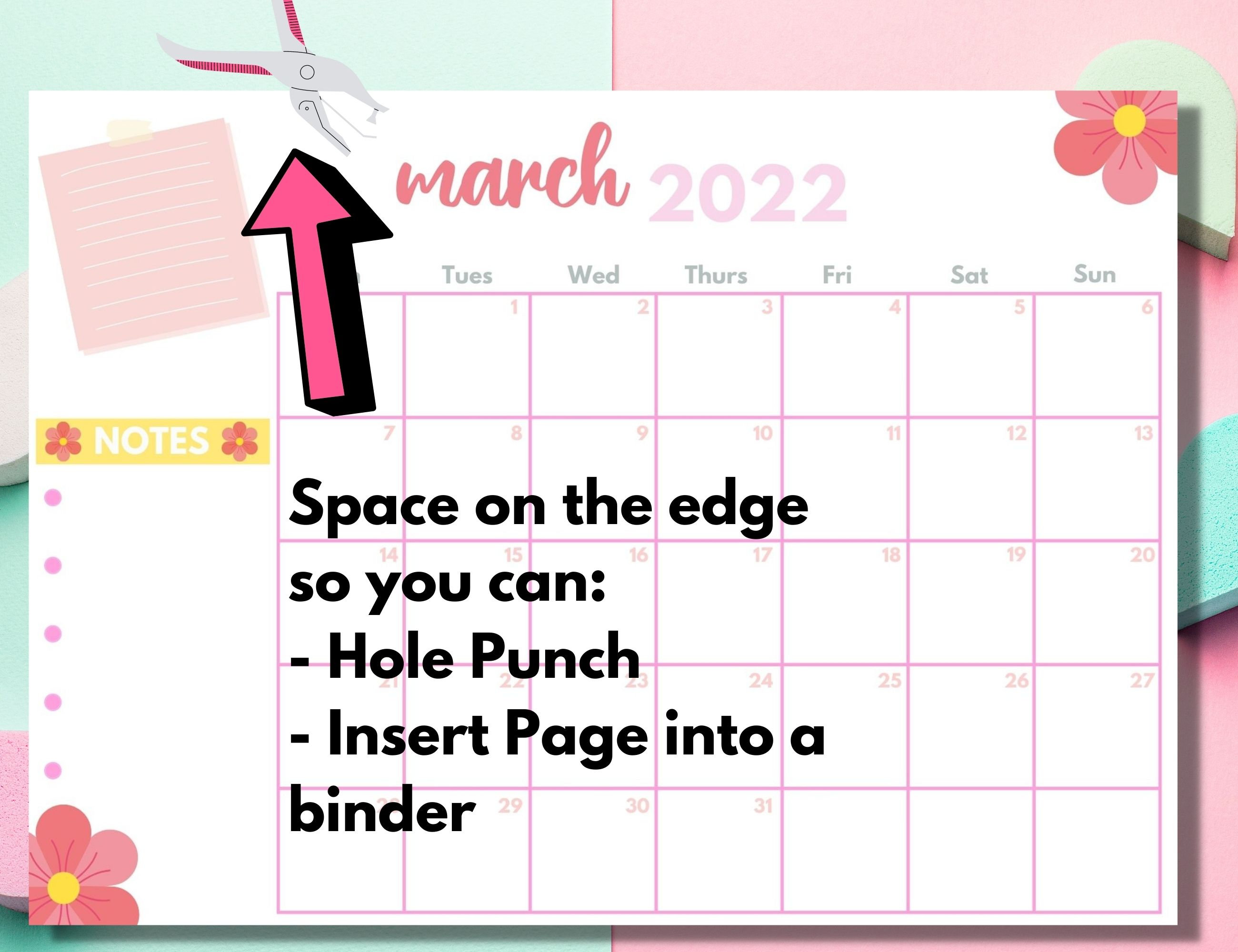 March 2022 Printable Calendar Notes Section, Calendar for Binders ...