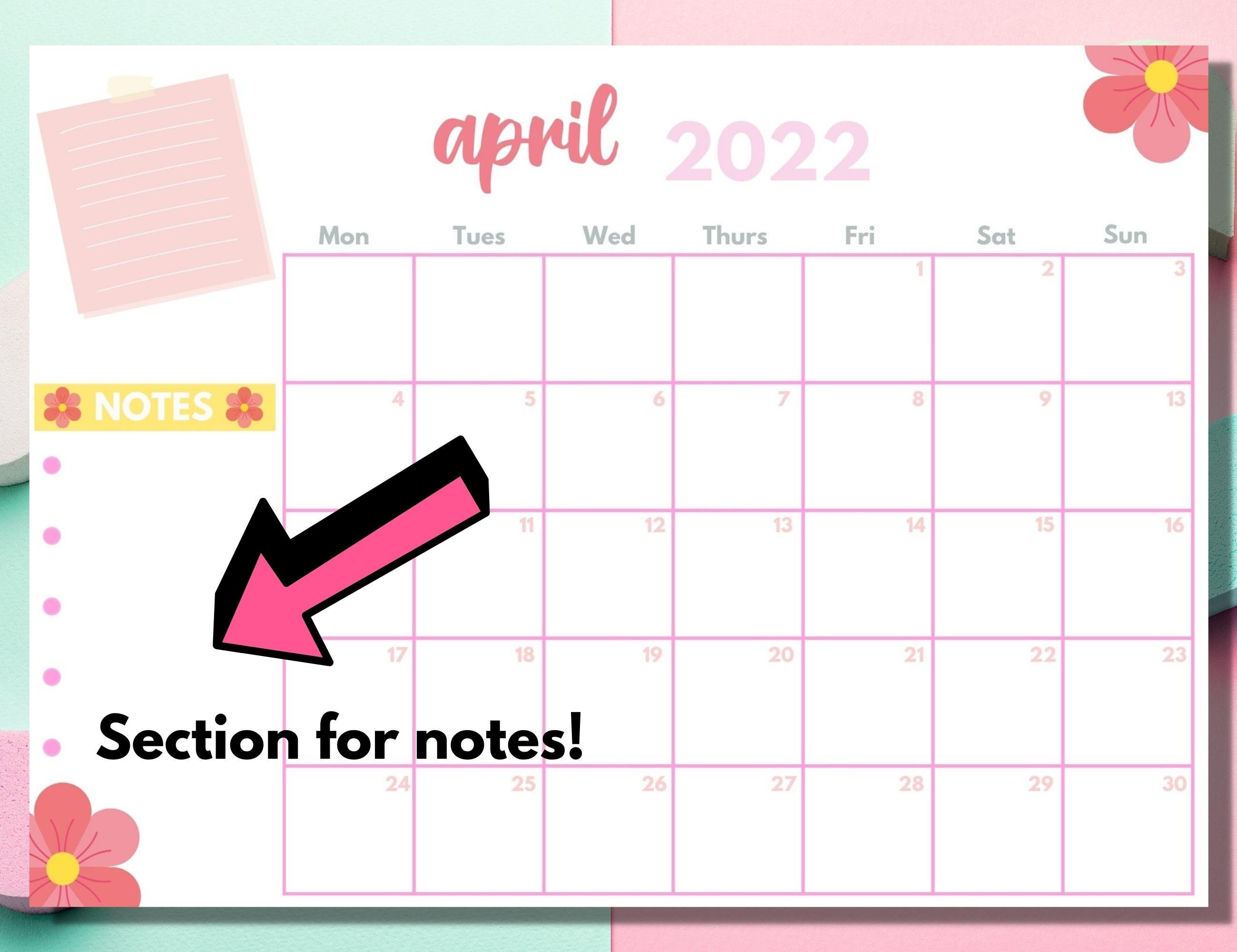 April 2022 Printable Calendar - US LETTER | Calendar Includes a Section ...