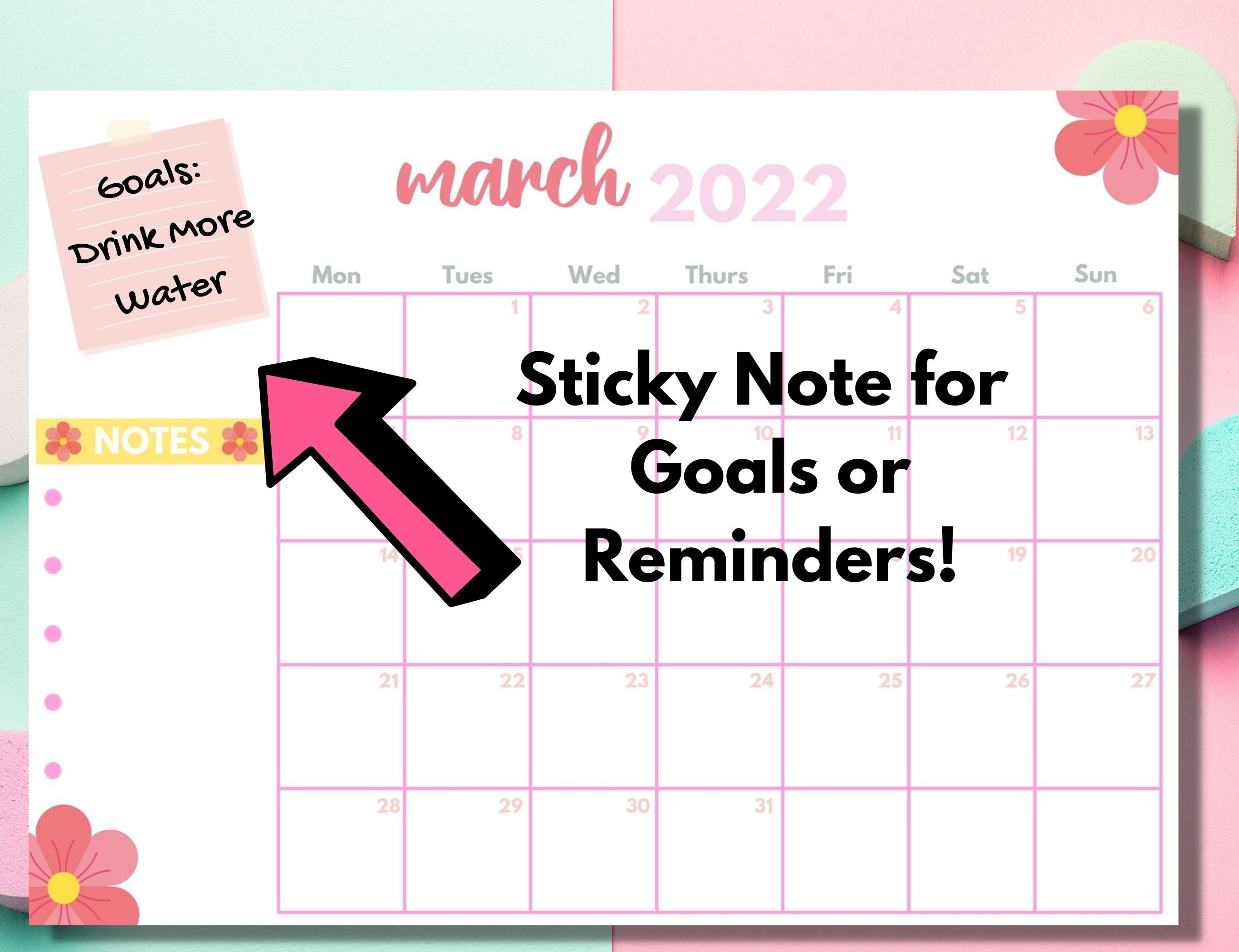 March 2022 Printable Calendar + Notes Section, Calendar for Binders ...
