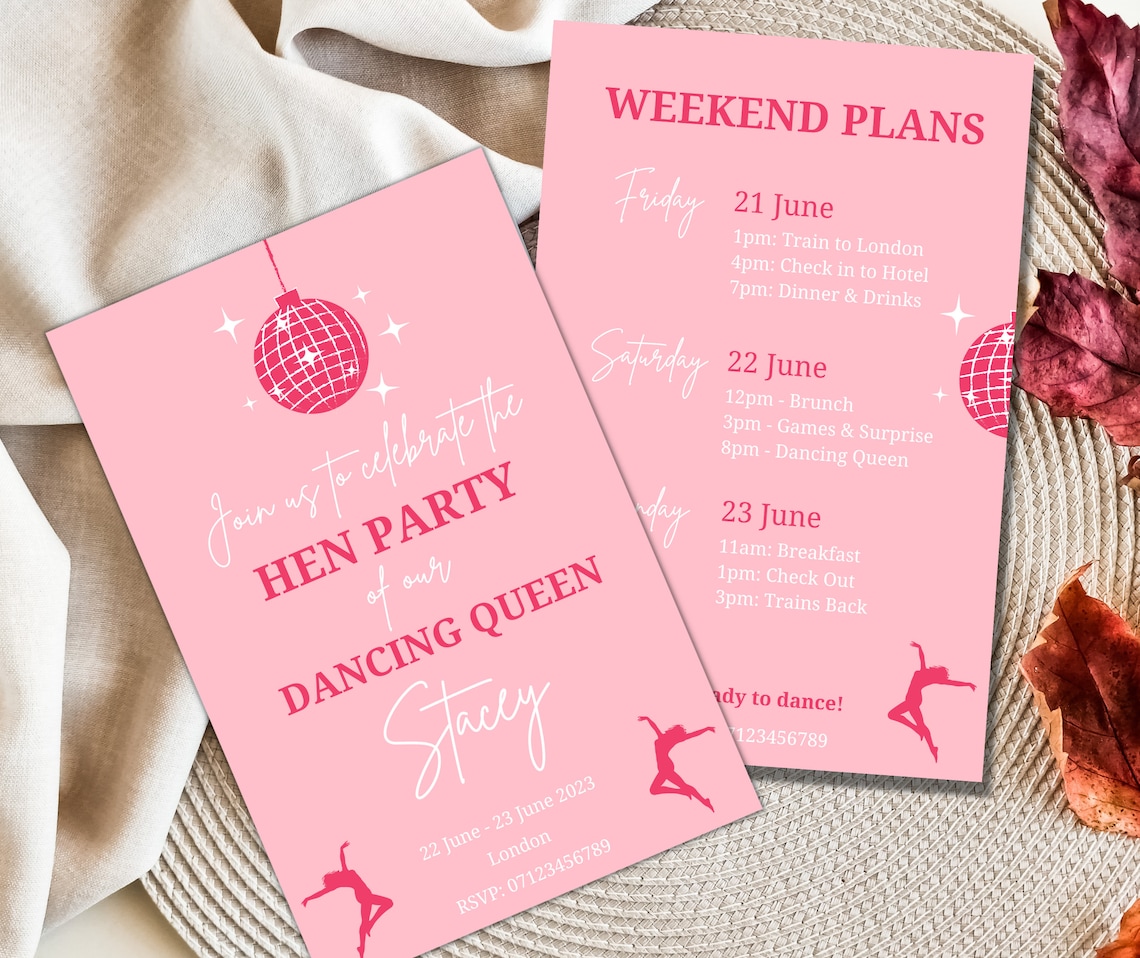 Dancing Queen Bachelorette Hen Do Party Invitation Template Editable ...