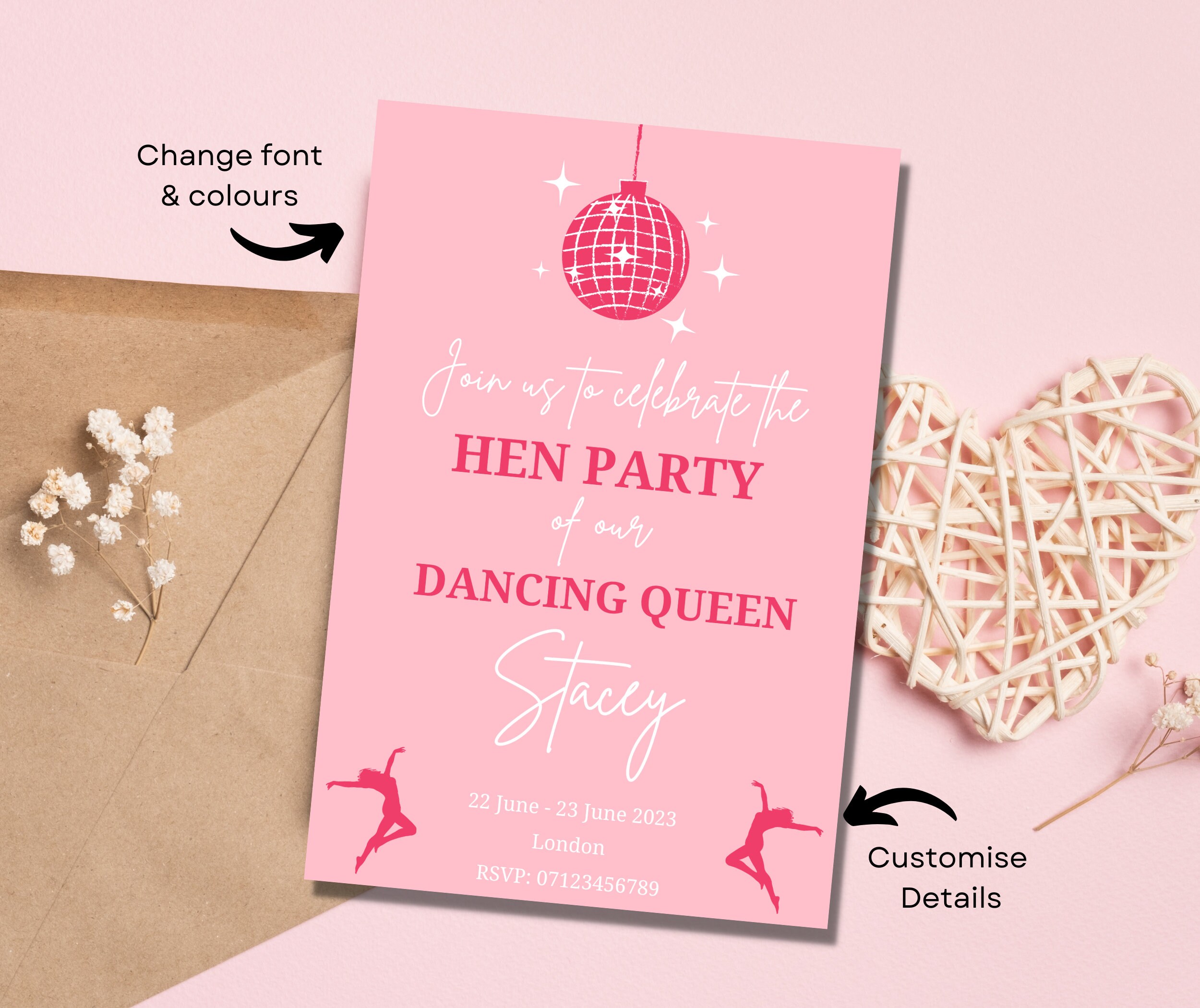 Dancing Queen Bachelorette Hen Do Party Invitation Template Editable ...