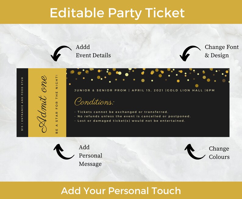 EDITABLE Party Ticket Template, Custom Prom Ticket, Party Invite ... EDITABLE Party Ticket Template, Custom Prom Ticket, Party Invite ...