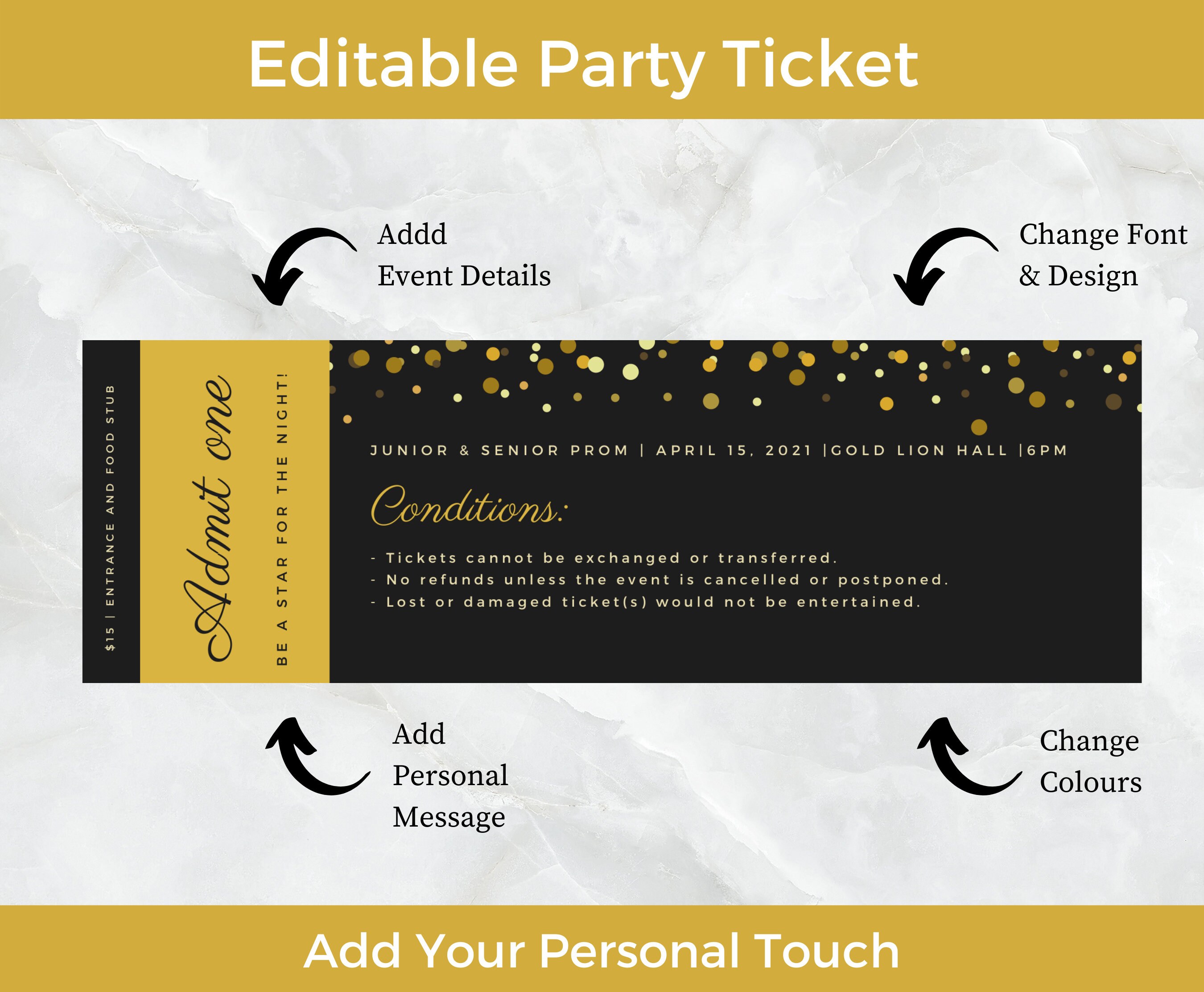EDITABLE Party Ticket Template, Custom Prom Ticket, Party Invite ...