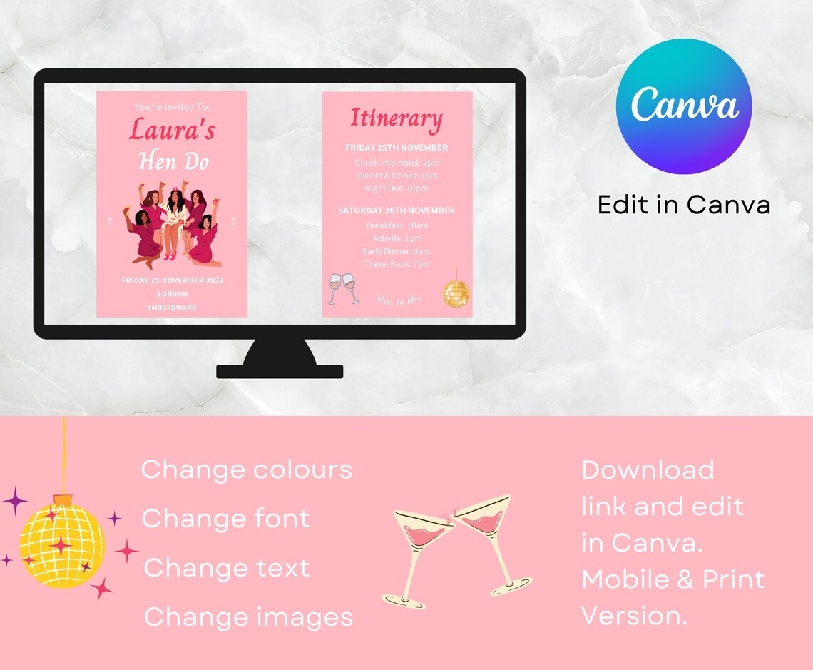 Bachelorette Hen Do Party, Invitation Template, Editable Digital ...