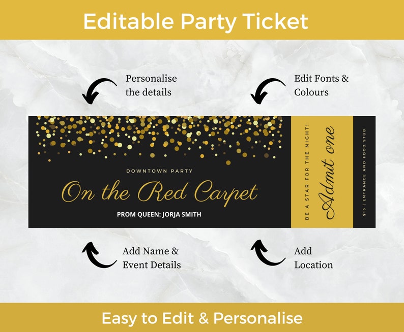 EDITABLE Party Ticket Template, Custom Prom Ticket, Party Invite ... EDITABLE Party Ticket Template, Custom Prom Ticket, Party Invite ...