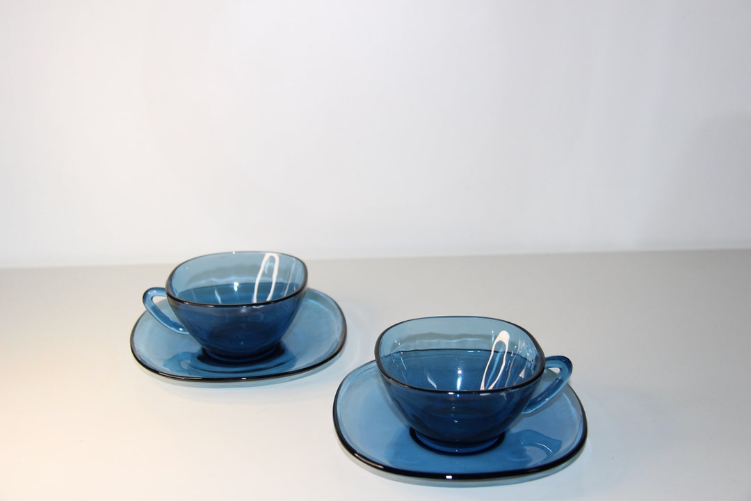 Vintage French Verico Blue Tea Cups Coffee Cups Glass Mugs Saucers Set ...