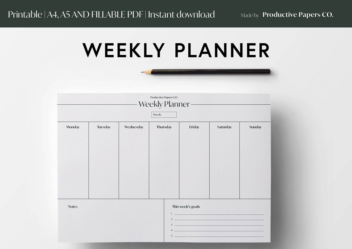 Weekly Planner Landscape Printable Minimalist Weekly - Etsy